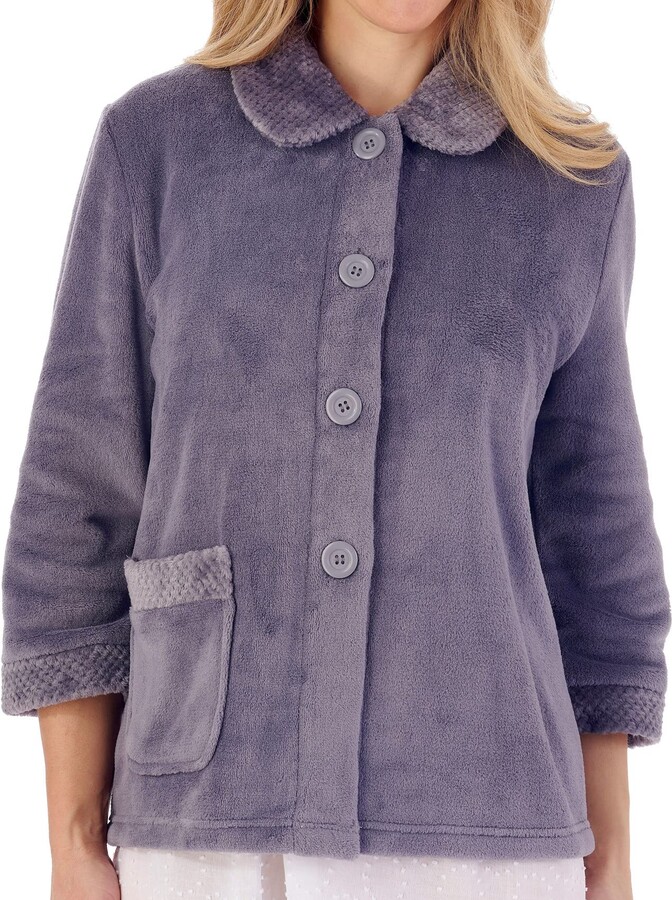 Slenderella Womens Button Up Coral Fleece Bed Jacket Housecoat with ...