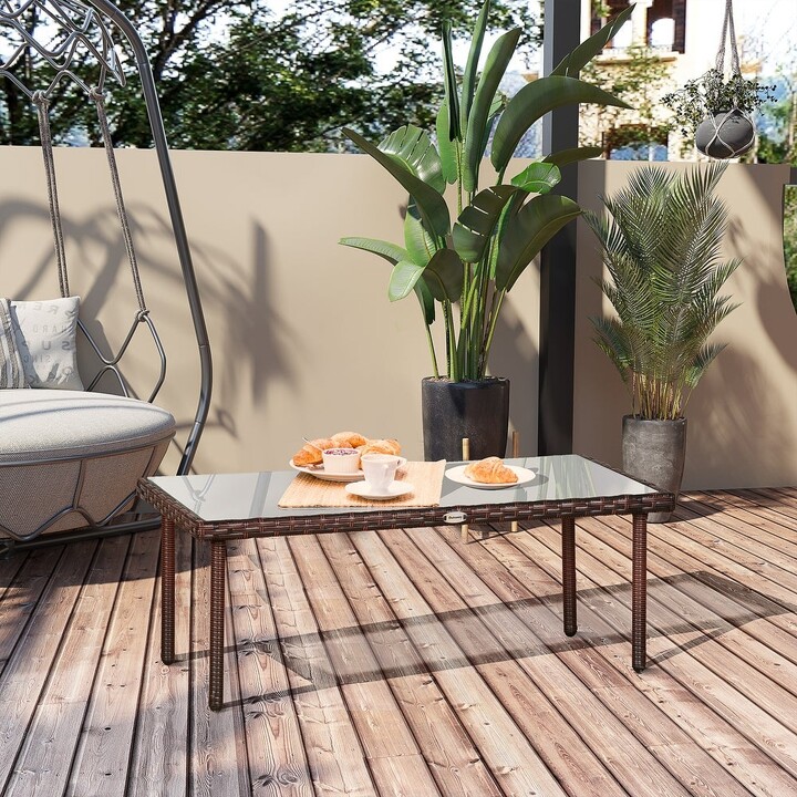 Overstock Outsunny Patio Rattan Dining Table Outdoor All Weather Table ...