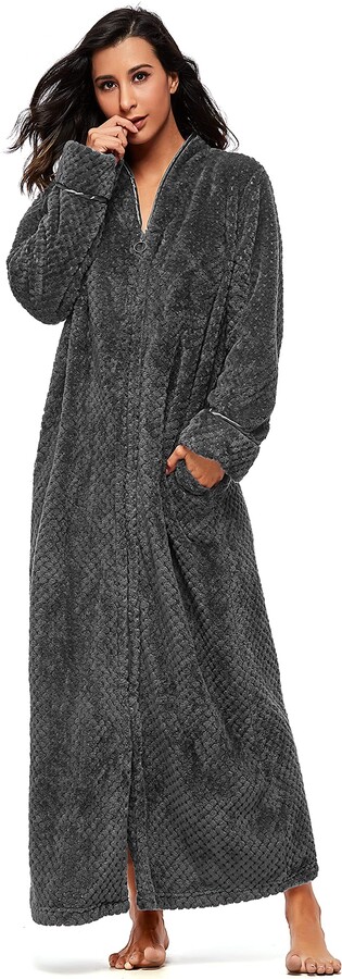 BELLOO Ladies Winter Zipped Dressing Gown Fleece Nightwear Loose Fit ...