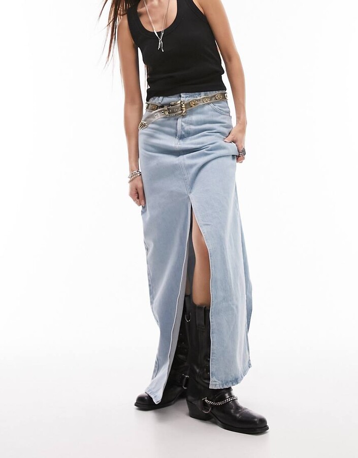Topshop denim double split maxi skirt in bleach - ShopStyle