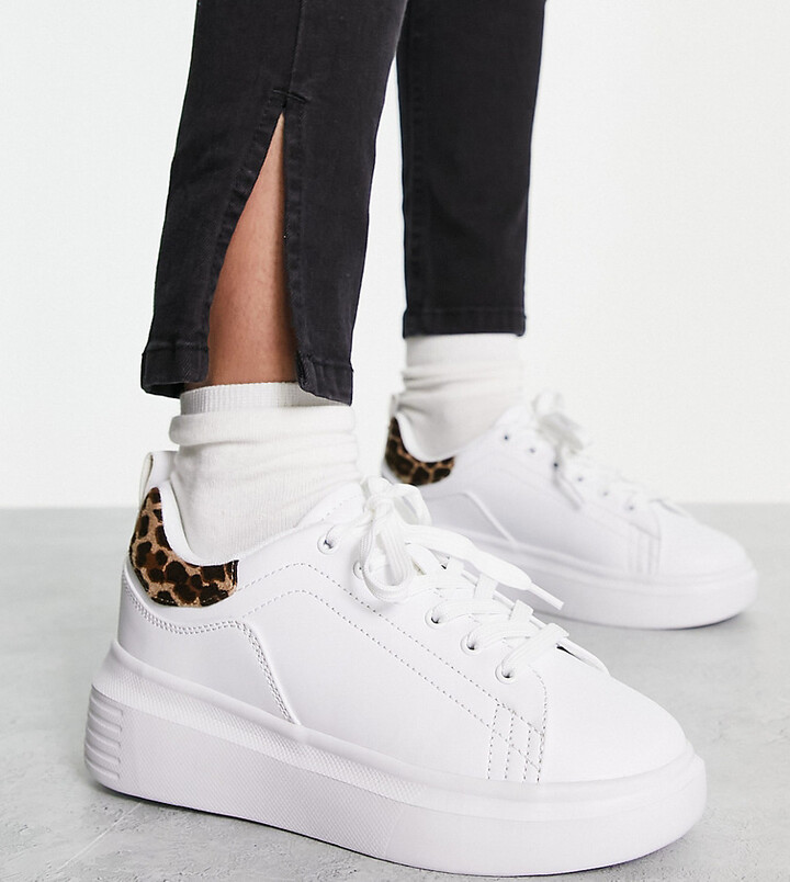 Truffle Collection Wide Fit chunky trainers in white and leopard back tab - ShopStyle