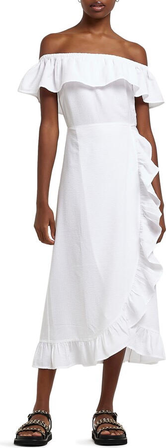 River Island Frill Off the Shoulder Midi Dress - ShopStyle