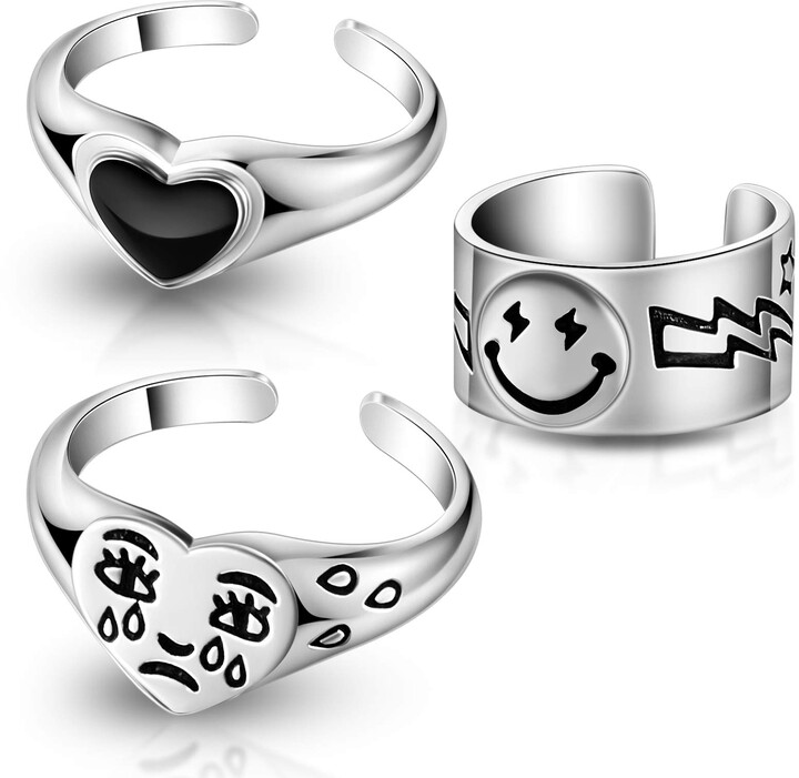 Hicarer 3 Pieces Smiley Face Ring Crying Sad Face Tear Drop Rings Love ...