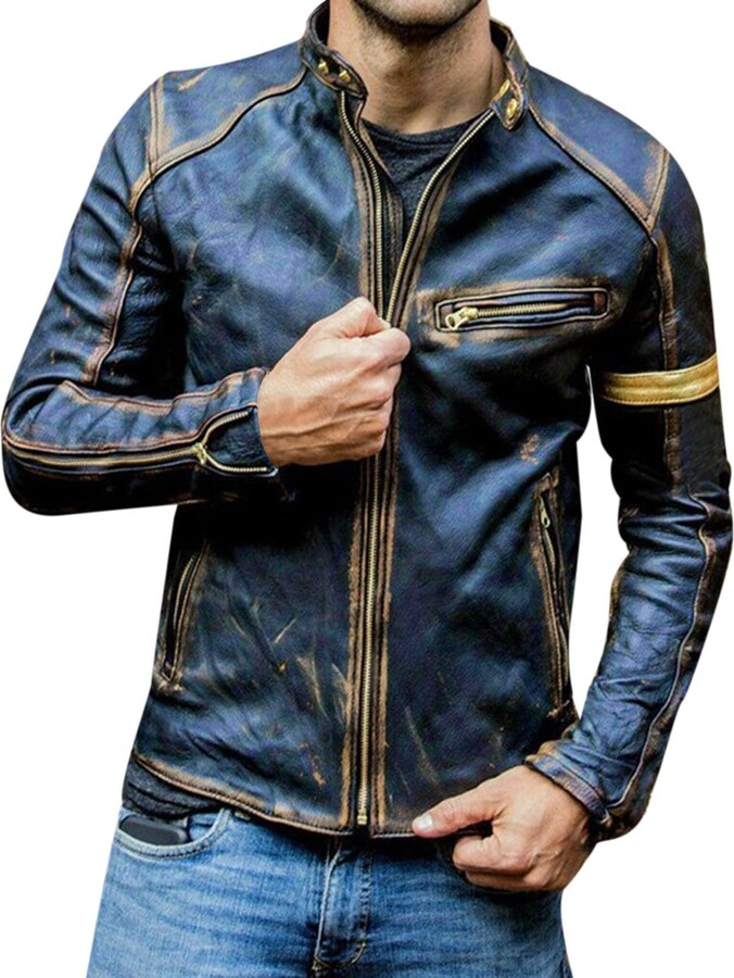 Generic Men's Leather Jacket Stand Collar Punk Biker Leather Jacket ...