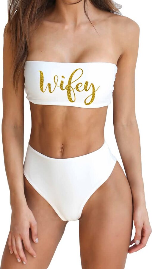 shifeier Bride Women 2 Pieces Bandeau Bikini Squad Swimsuits Off Shoulder High Waist Wifey ...
