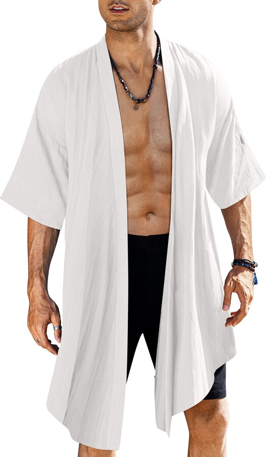 COOFANDY Men's Long Cardigan Cotton Kimono Robe Lightweight Casual ...