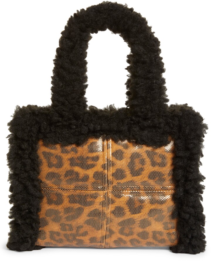 Stand Studio Mini Liz Leopard Print Top Handle Bag with Faux Shearling ...