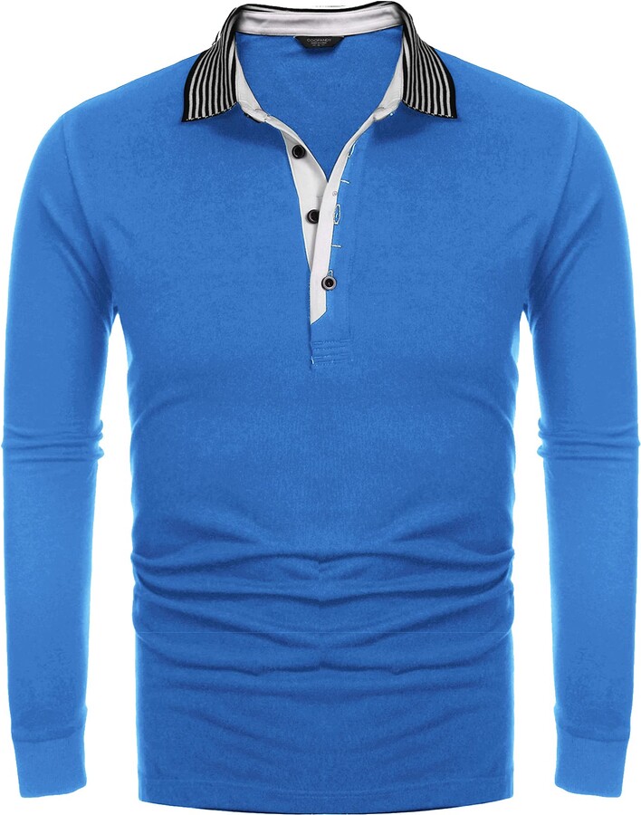 COOFANDY Men's Long Sleeve Polo Shirt Striped Collar Casual Slim Fit Cotton Polo T Shirts ...