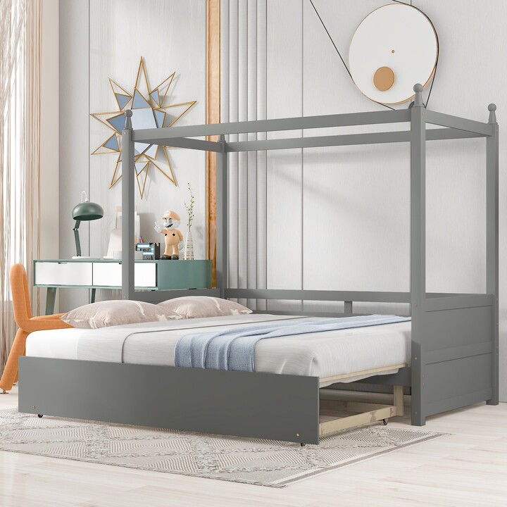 EDWINRAY Twin Size Daybed with Pull-out Trundle and Canopy Frame, Gray ...