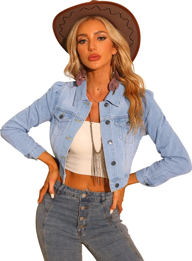 Allegra K Women's Cropped Jean Jacket Button Down Puff Sleeve Denim ...