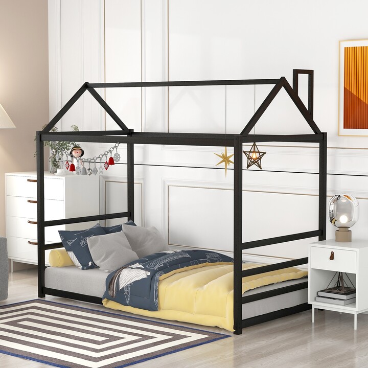 RASOO Twin Size Metal House Platform Bed with Roof and Chimney Design ...