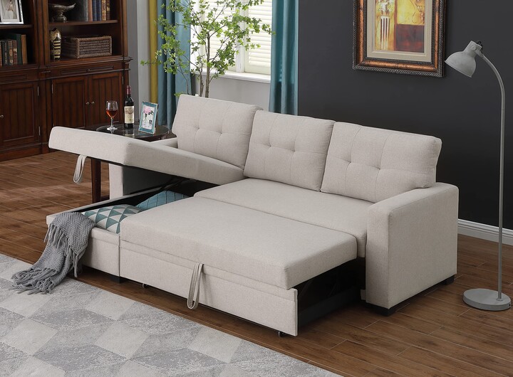 Jintop 82" Linen Upholstered Pull Out Sectional Sofa with Storage ...