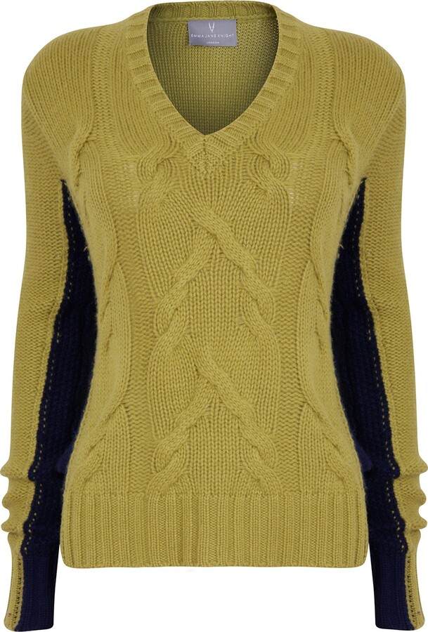 Emma Jane Knight - Cable V Neck - Pistachio/Navy - ShopStyle