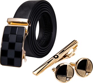 Barry.Wang Black Check Belt Set Genuine Leather Ratchet Buckle Fashion ...