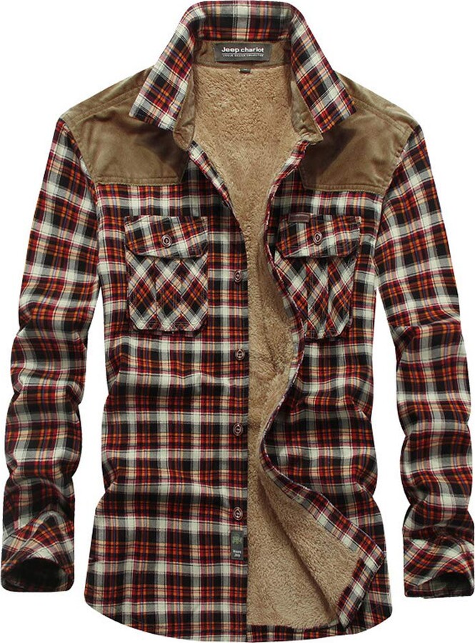 GuoCu Mens Padded Check Shirt Lumberjack Collared Quilted Jacket Thick ...