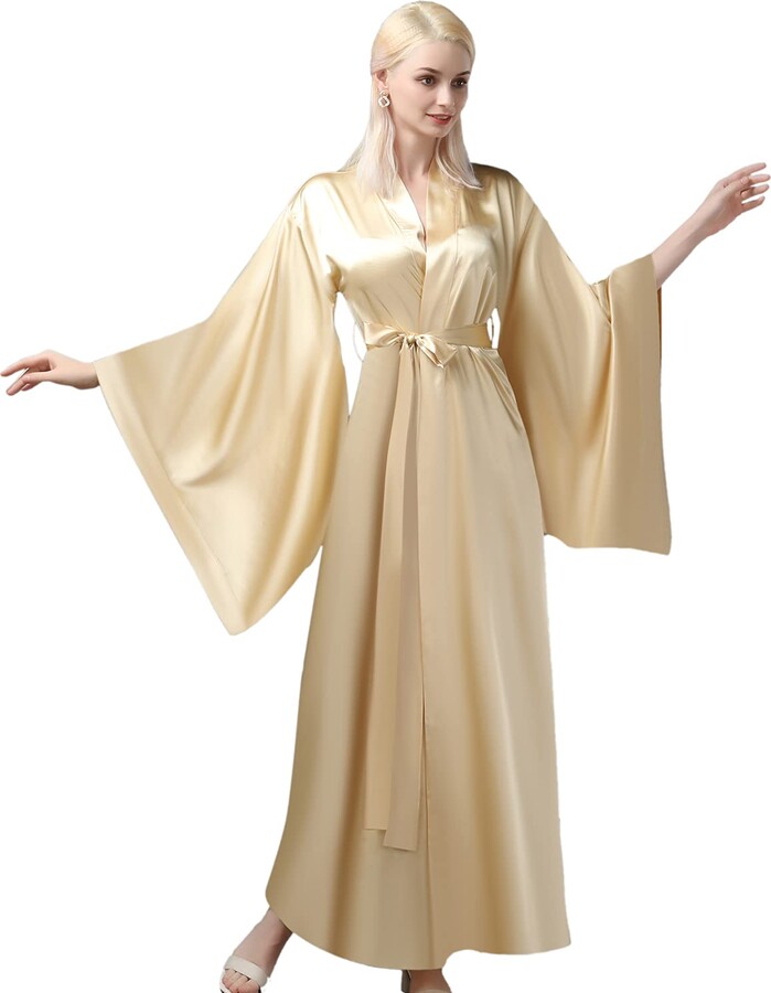 MAYILNSIN Satin Kimono Robe Long Silk Robe Gold Dressing Gown Soft ...
