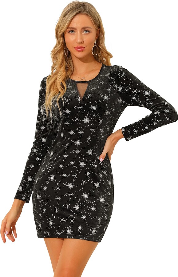 Allegra K Women's Velvet Mesh Panel Shiny Star Pencil Dress Black M-12 ...