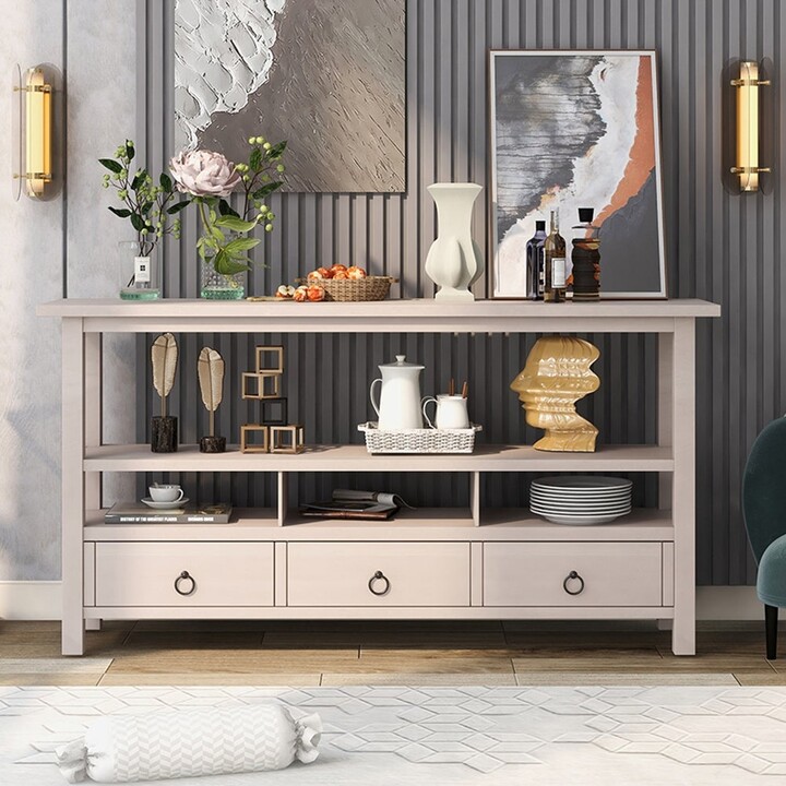 LivEditor Rustic Solid Console Table Double-Storey Tabletop with Three ...