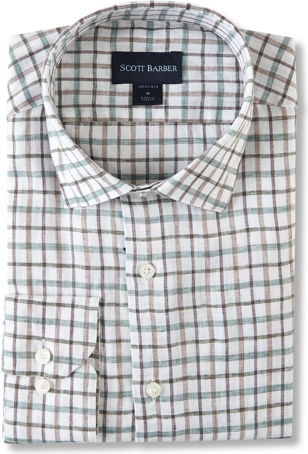 SCOTT BARBER Linen Stretch Tattersall, Sage - ShopStyle Long Sleeve Shirts