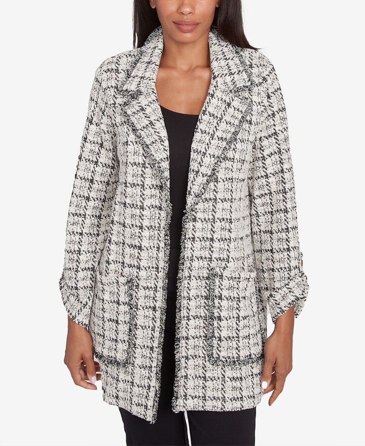 Ruby Rd. Petite Notch Collar Metallic Tweed Boucle Jacket - Black/Ivory - ShopStyle