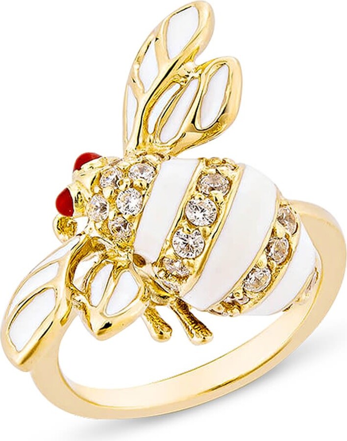 SALLY SKOUFIS Women's White / Gold Queen Bee Ring With Man Made White Diamonds & Ivory Enamel In ...