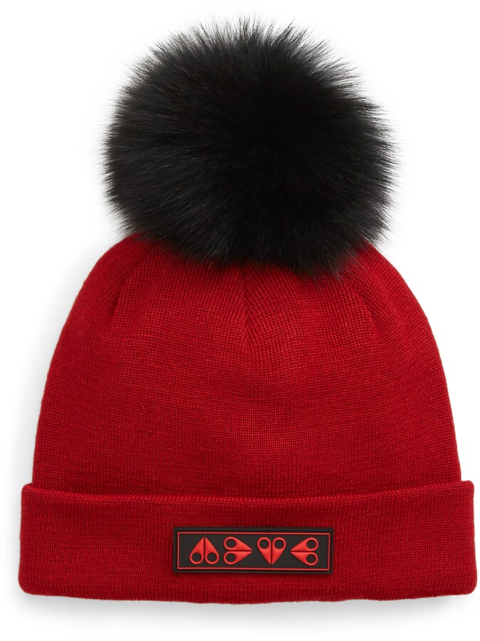 Moose Knuckles Logo Patch Toque Hat with Removable Genuine Fox Fur Pom ...