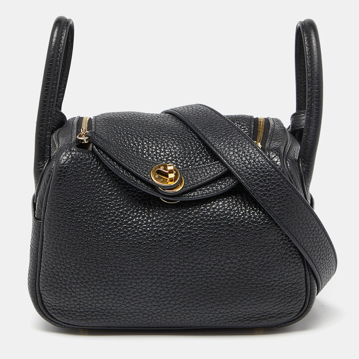 Hermes Black Taurillon Clemence Leather Gold Finish Mini Lindy Bag ...