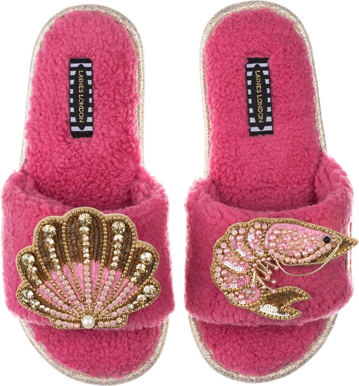 LAINES LONDON - Teddy Towelling Slipper Sliders With Pink Prawn & Pink ...