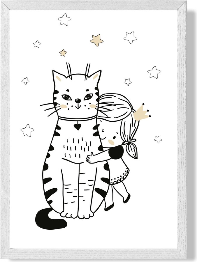ARTZE Scandi Princess Little Girl Hugging Cat Poster with White Hanger ...
