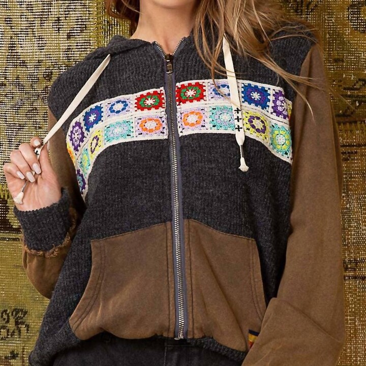 POL Granny Square Trim Zip Up Hoodie In Antique Charcoal - ShopStyle