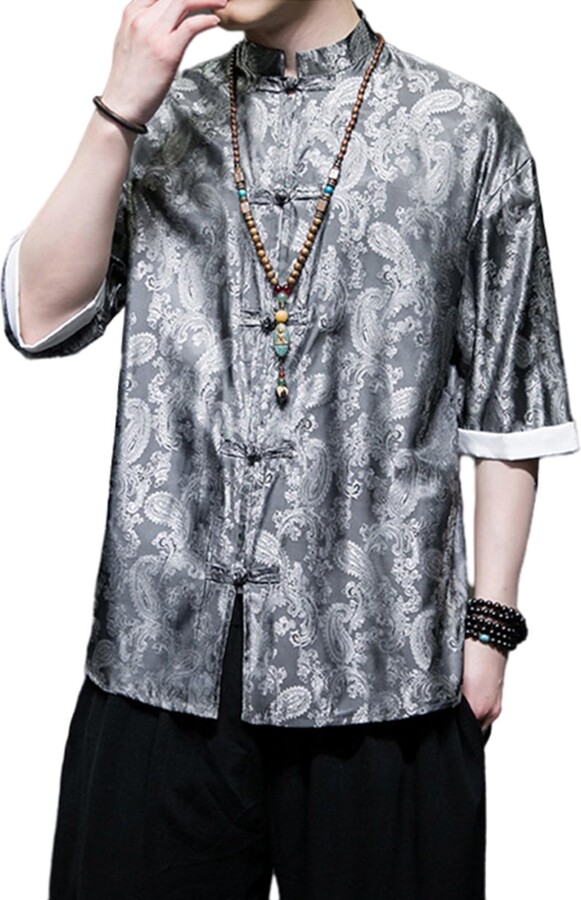 DBXXHJGU Men's Silk Tang Suit Chinese Retro Print Dial Button Stand ...