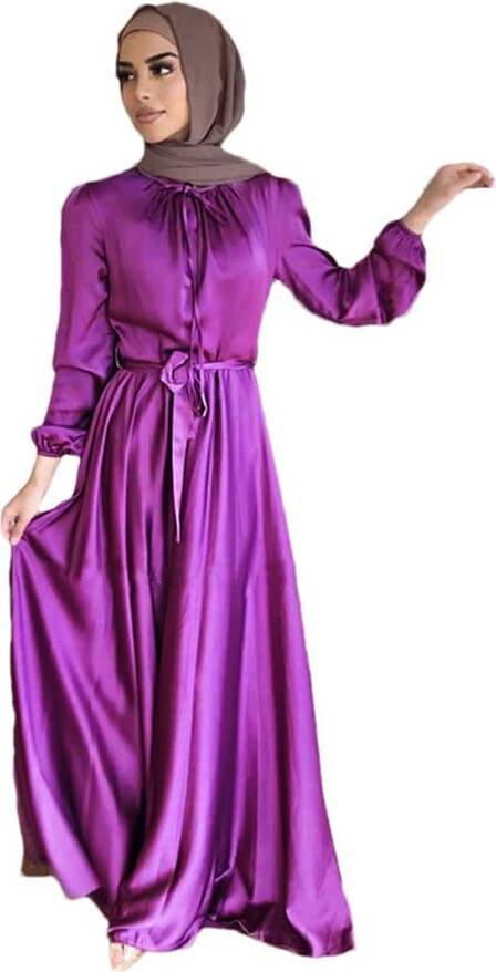 Youllyuu Dubai Turkey Arabic Satin Muslim Dress Women Islam Caftan Marocain Long Robe Purple ...