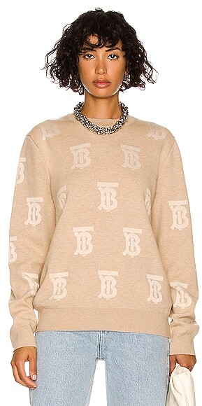 Burberry Saskia All Over TB Crew Neck Sweater in Tan - ShopStyle
