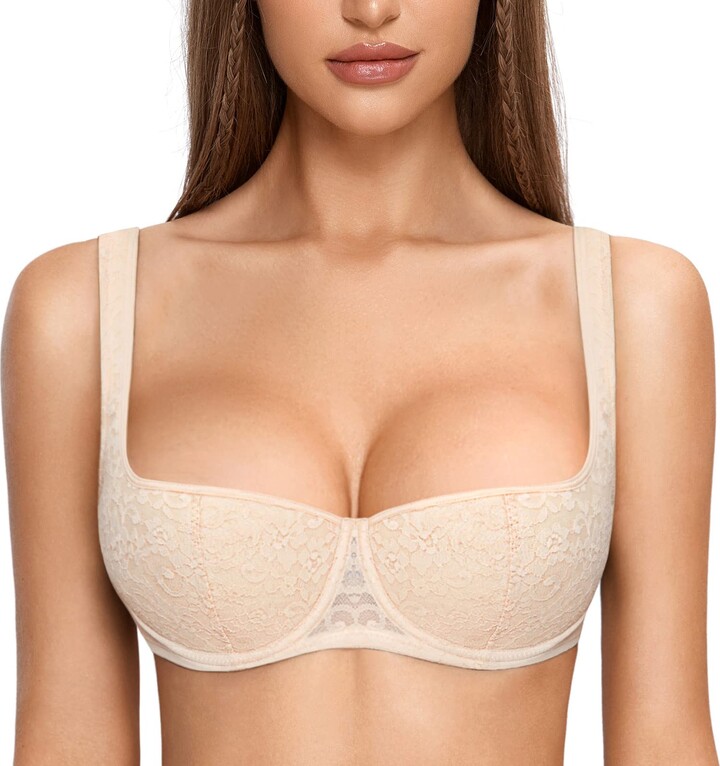 DOBREVA Women's Push Up Bra Sexy Balconette Bra Padded Half Cup Lace Underwired Beige (Cup Size ...