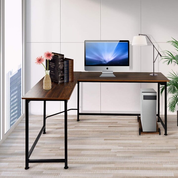 Vecelo Home Office Computer Table L-Shaped Corner Table Wood And Metal ...