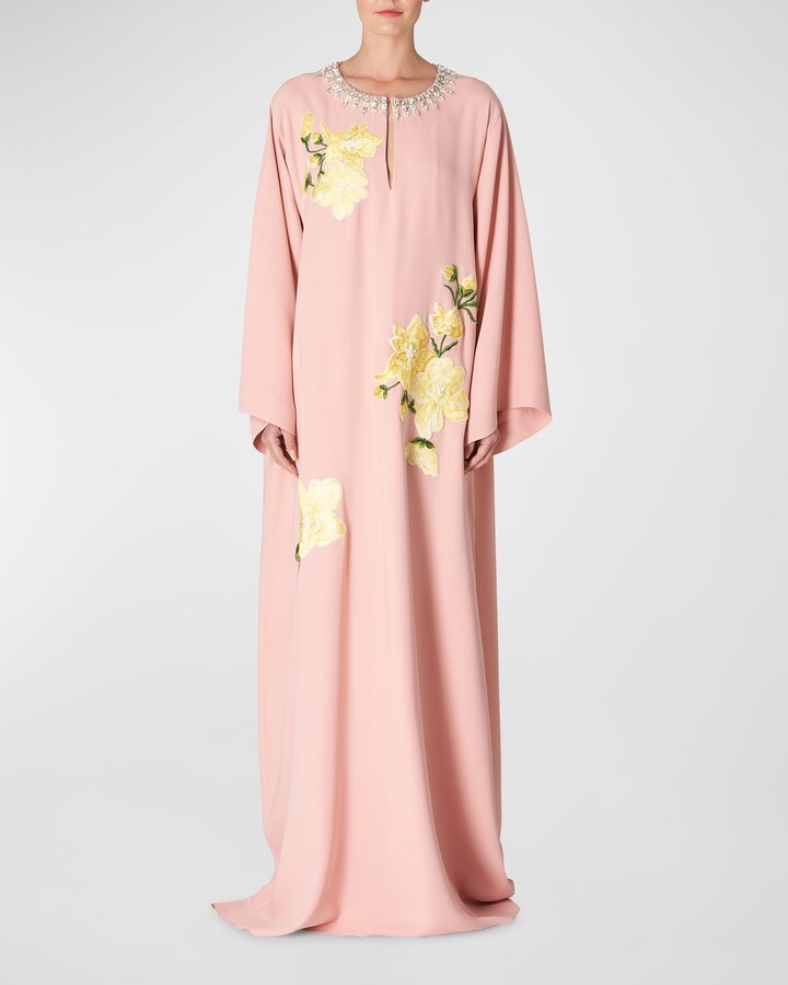 Carolina Herrera Floral Embroidered Crystal Neck Caftan Gown ...