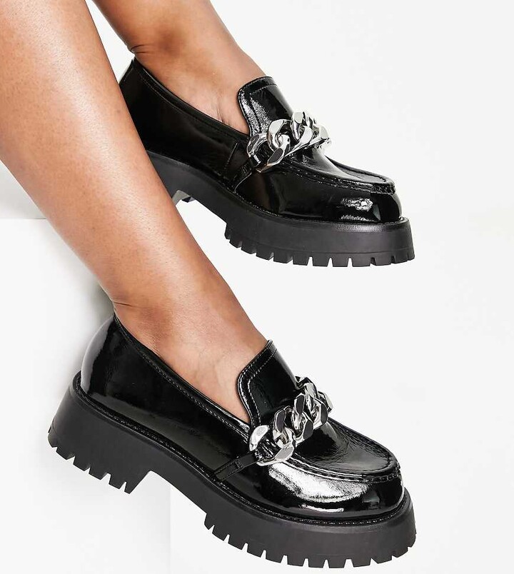 ASOS DESIGN Wide Fit Mai chunky chain loafers in black patent - ShopStyle