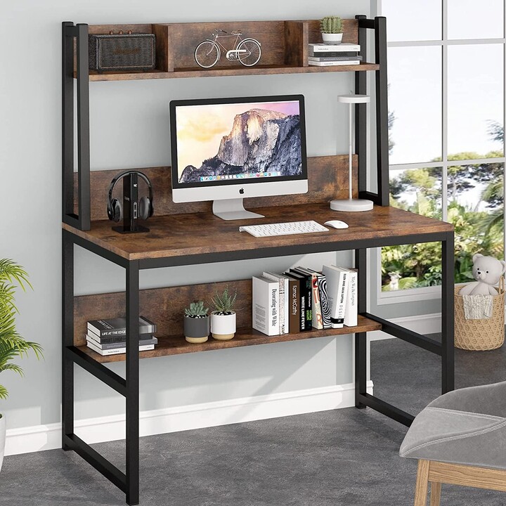 Farfarview Computer Desk with Hutch, Modern Wood Medium Writing Desk ...