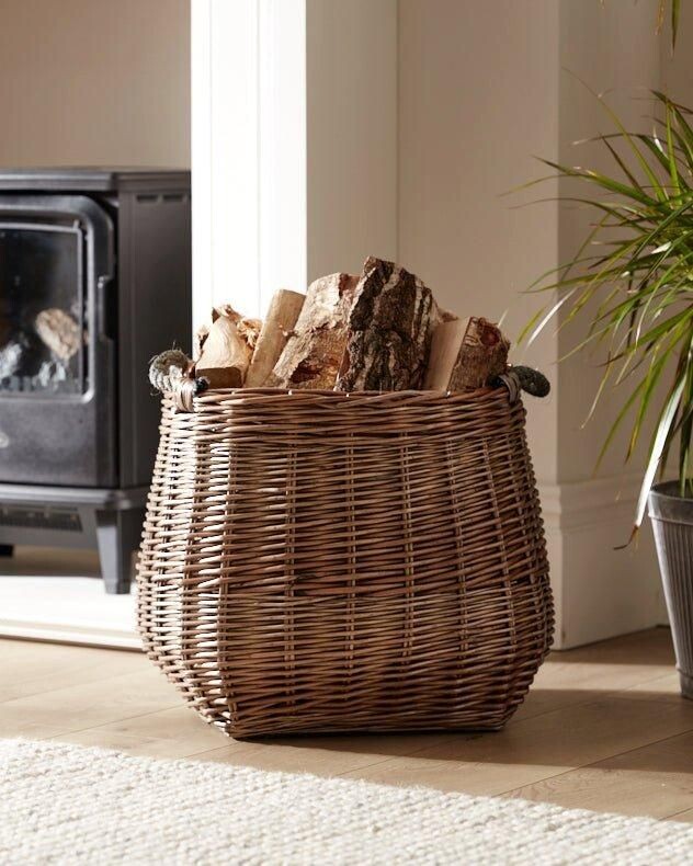 Dibor Round Wicker Fireside Kindling Basket Log Cradle Storage Bucket with Jute Hessian Lining ...