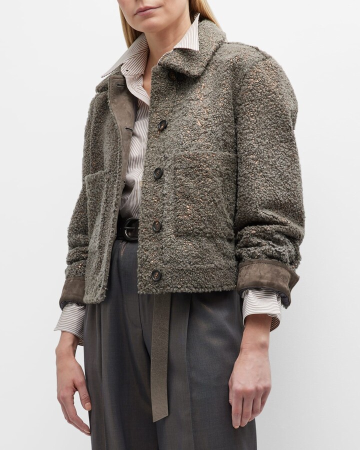 Brunello Cucinelli Metallic Curly Lamb Shearling Short Jacket with ...