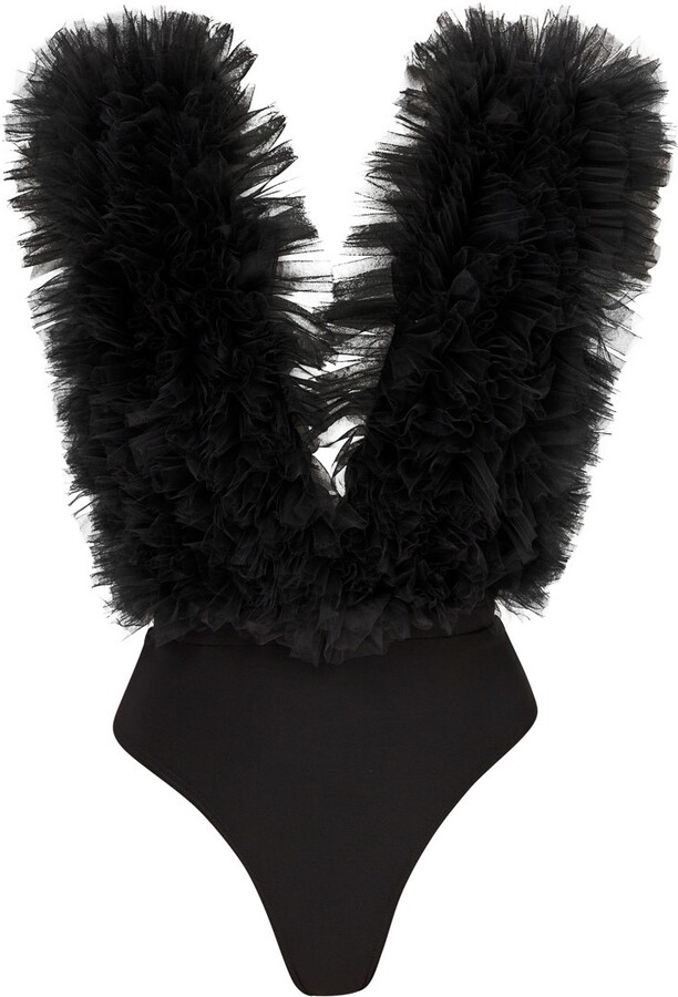 LIA ARAM - Signature Black Ruffled Tulle Bodysuit - ShopStyle Tops