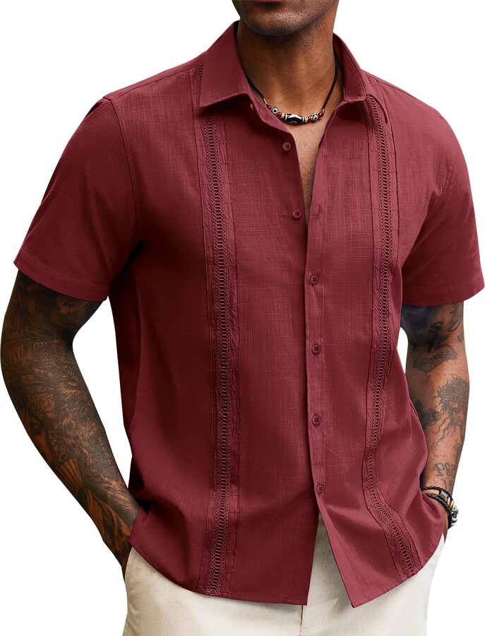 Lion Nardo Men's Burgundy Medium Cuban Guayabera Linen Shirt - ShopStyle