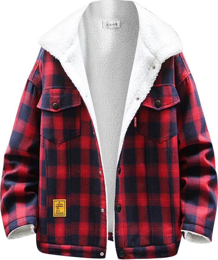 gfdrt Men's Warm Sherpa Lined Fleece Plaid Flannel Shirt Jacket Work ...