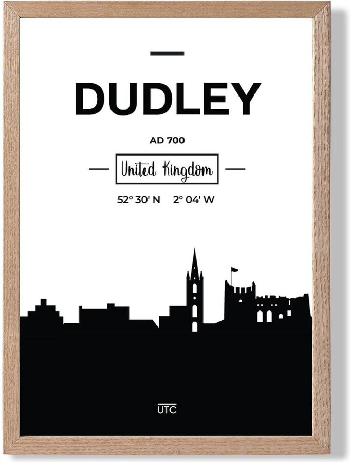 ARTZE Dudley Black and White City Skyline Poster with Oak Hanger ...