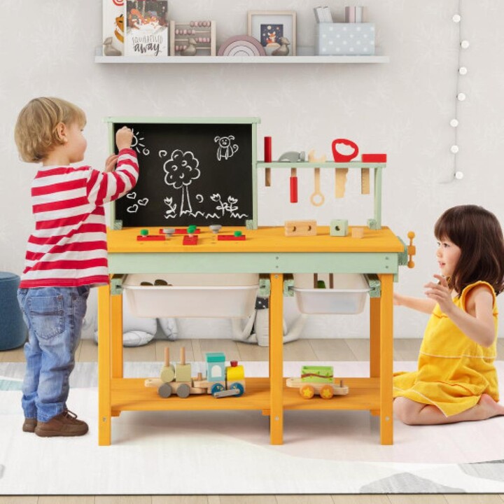 Hivvago Kids Wooden Toy Workbench with Storage Space and Blackboard ...