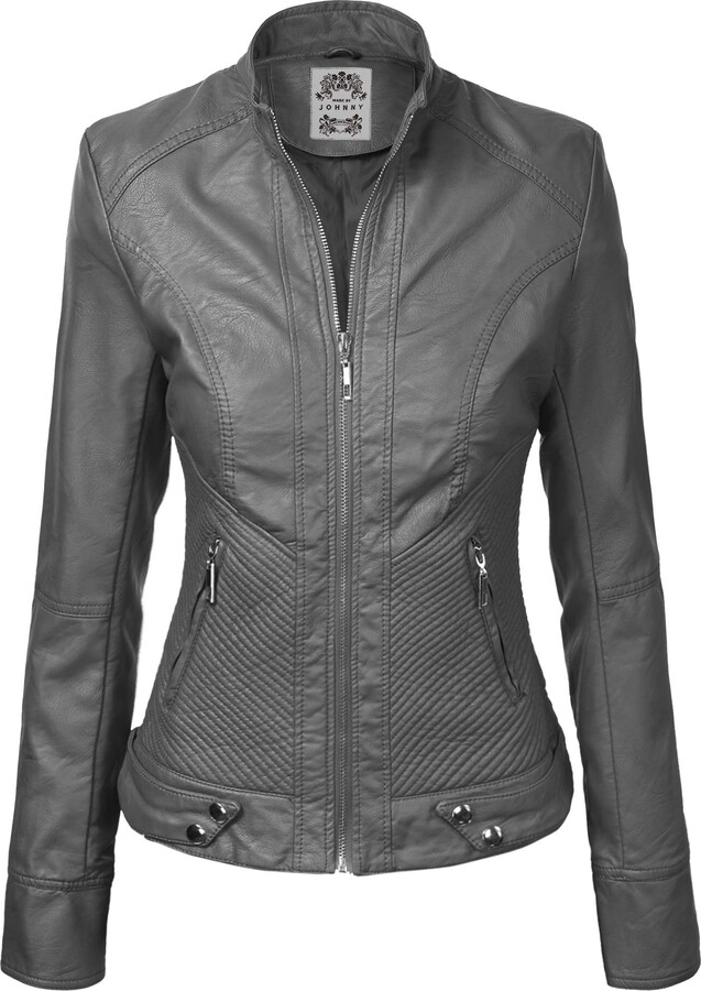 Made by Johnny MBJ Womens Faux Leather Zip Up Moto Biker Jacket With ...