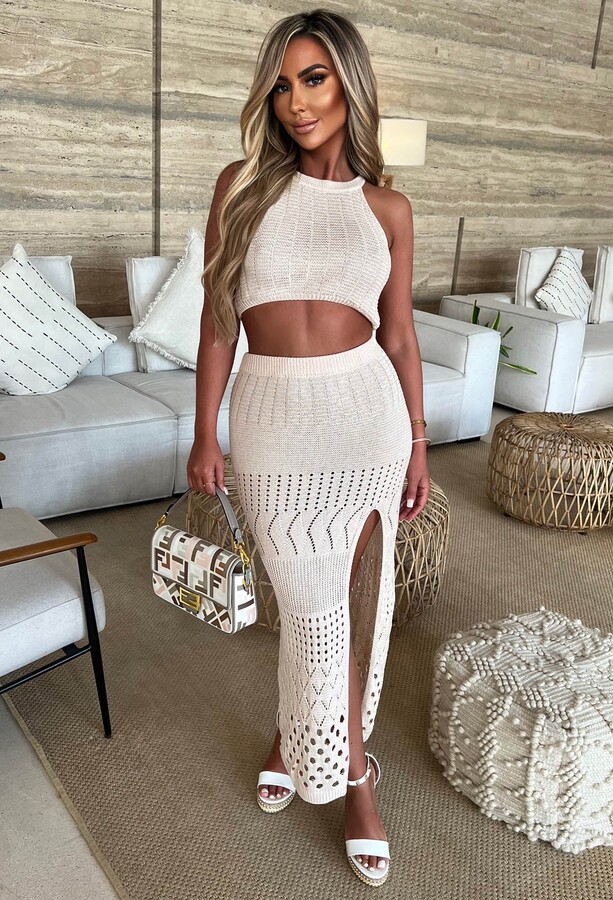 Soy & Co Cabana Crush Beige Crochet Knitted Halterneck Maxi Skirt Co-Ord Set - ShopStyle