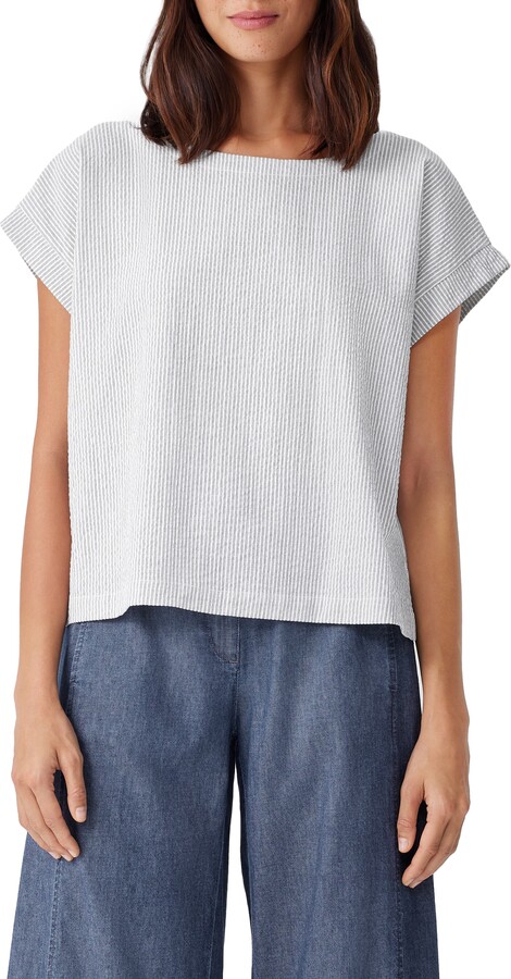 Eileen Fisher Stripe Boxy Ballet Neck Organic Cotton Seersucker Top ...
