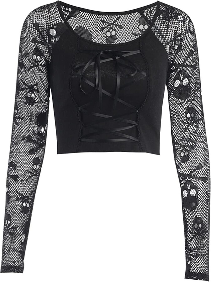 TSMNZMU Womens Gothic Crop Tops Skull Mesh Long Sleeve T-shirt Punk ...