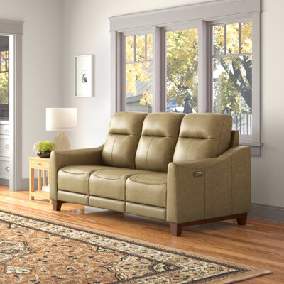 Lark Manor Polkville 80" Genuine Leather Round Arm Reclining Sofa ...